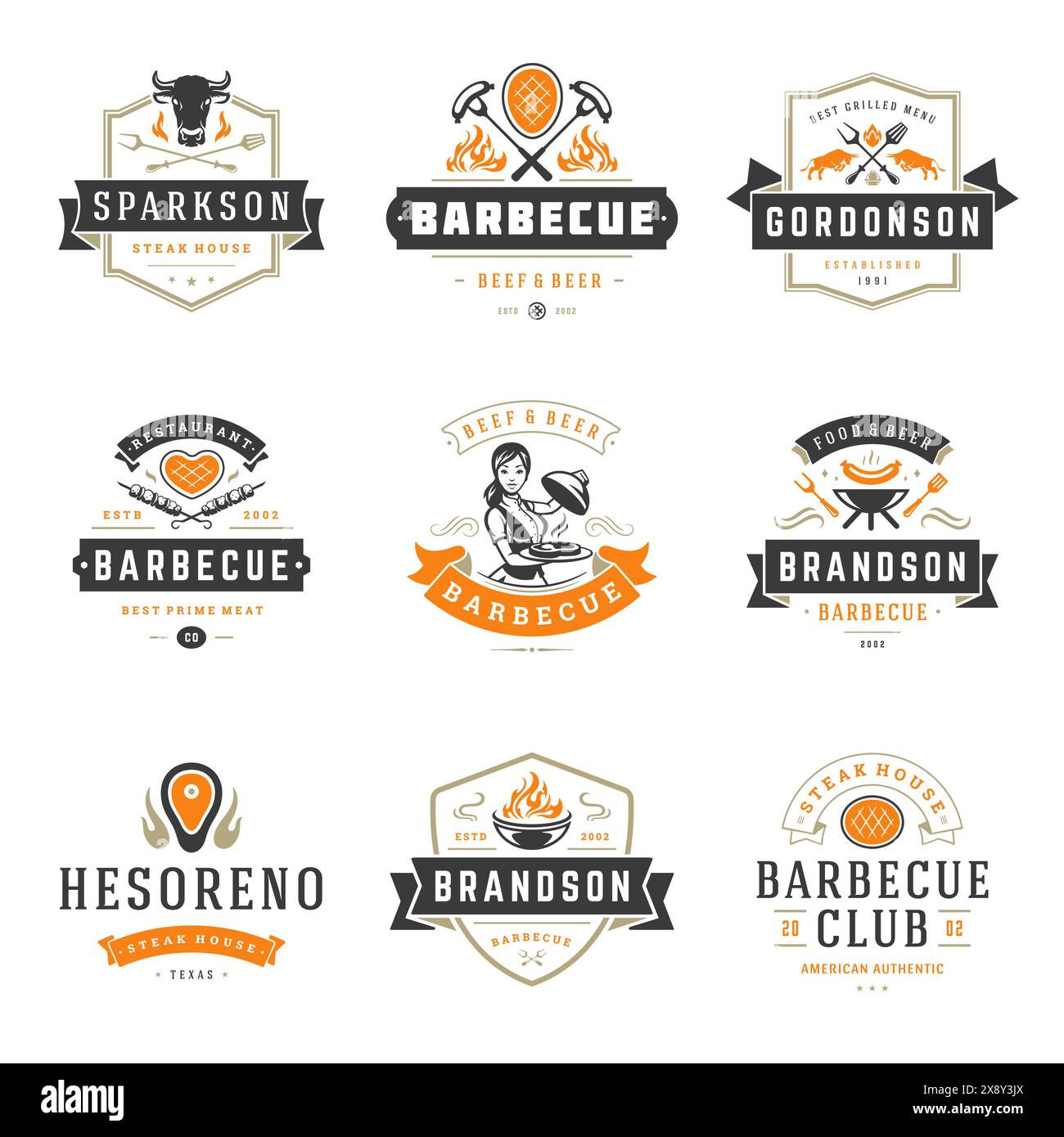 Grill restaurant logos and badges set vector illustration. Barbecue ...