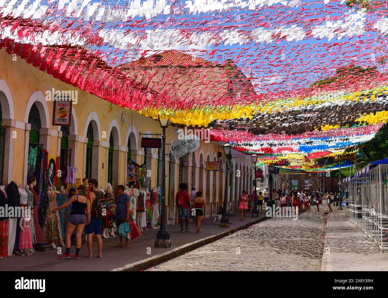 Colorful decorated street with tourist in Downtown of Sao Luis ...