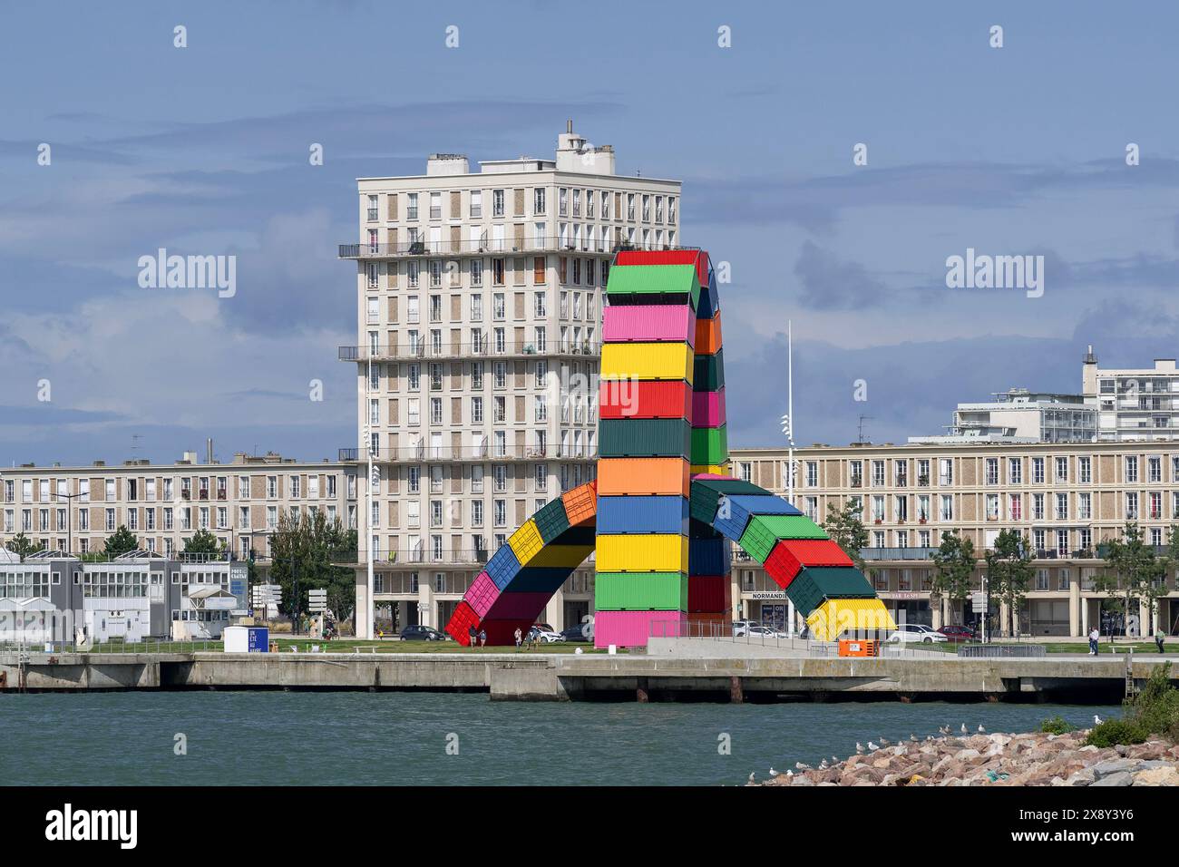 Le Havre - Southampton Quay with its wide lawns and arches of colorful shipping containers and ...