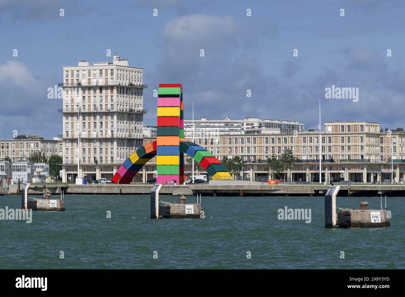 Le Havre - Southampton Quay with its wide lawns and arches of colorful shipping containers and ...