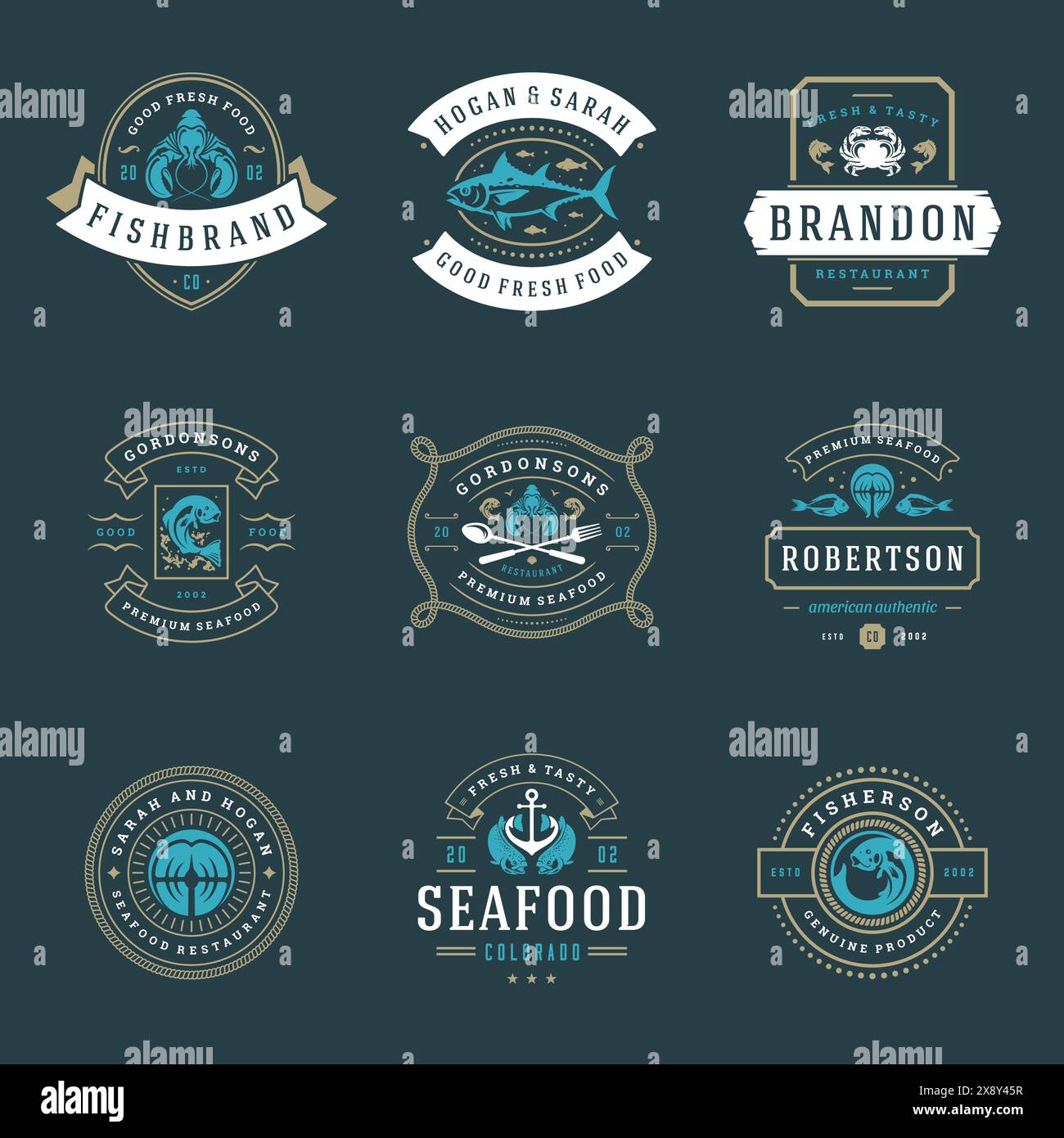 Seafood restaurant logos set vector illustration. Market and fisherman ...