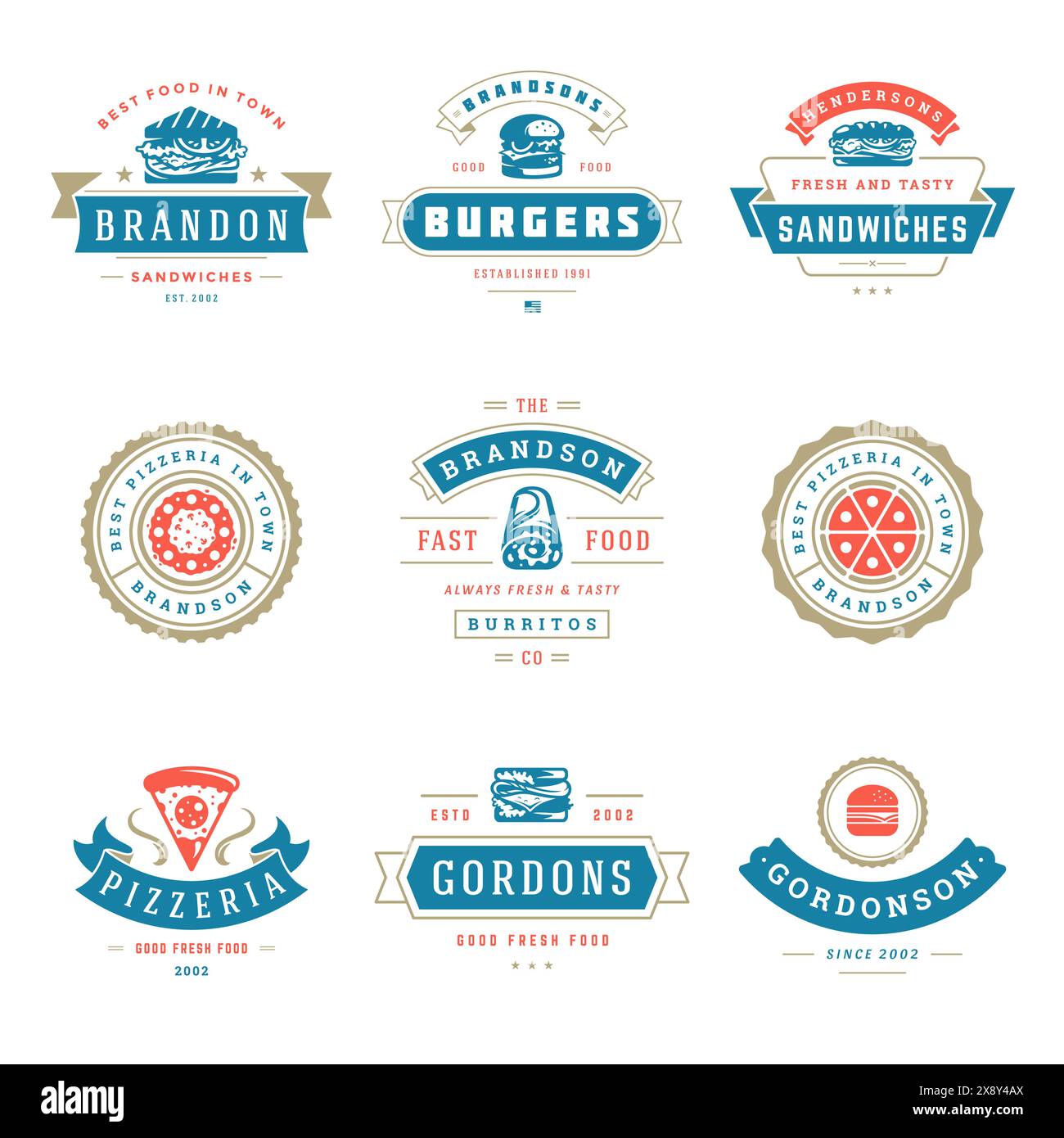 Fast food logos set vector illustration good for pizzeria or burger ...