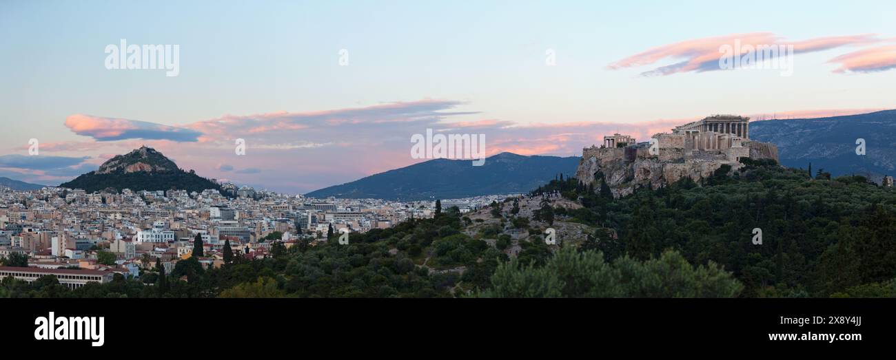 Panoramic view at sunset of the Acropolis of Athens and the Church of ...