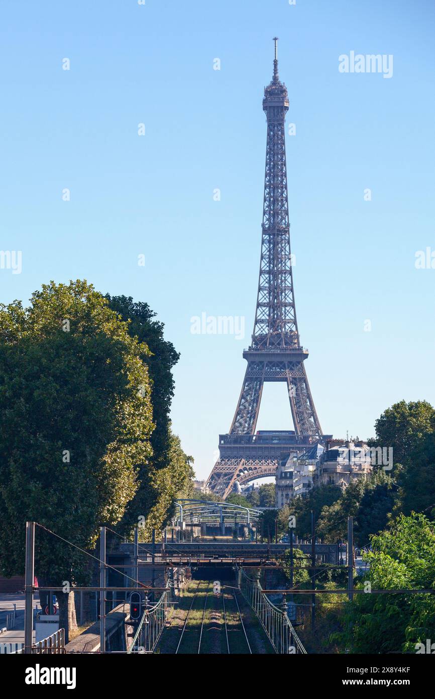 Eiffel Tower with a rail track from the subway heading its way Stock ...