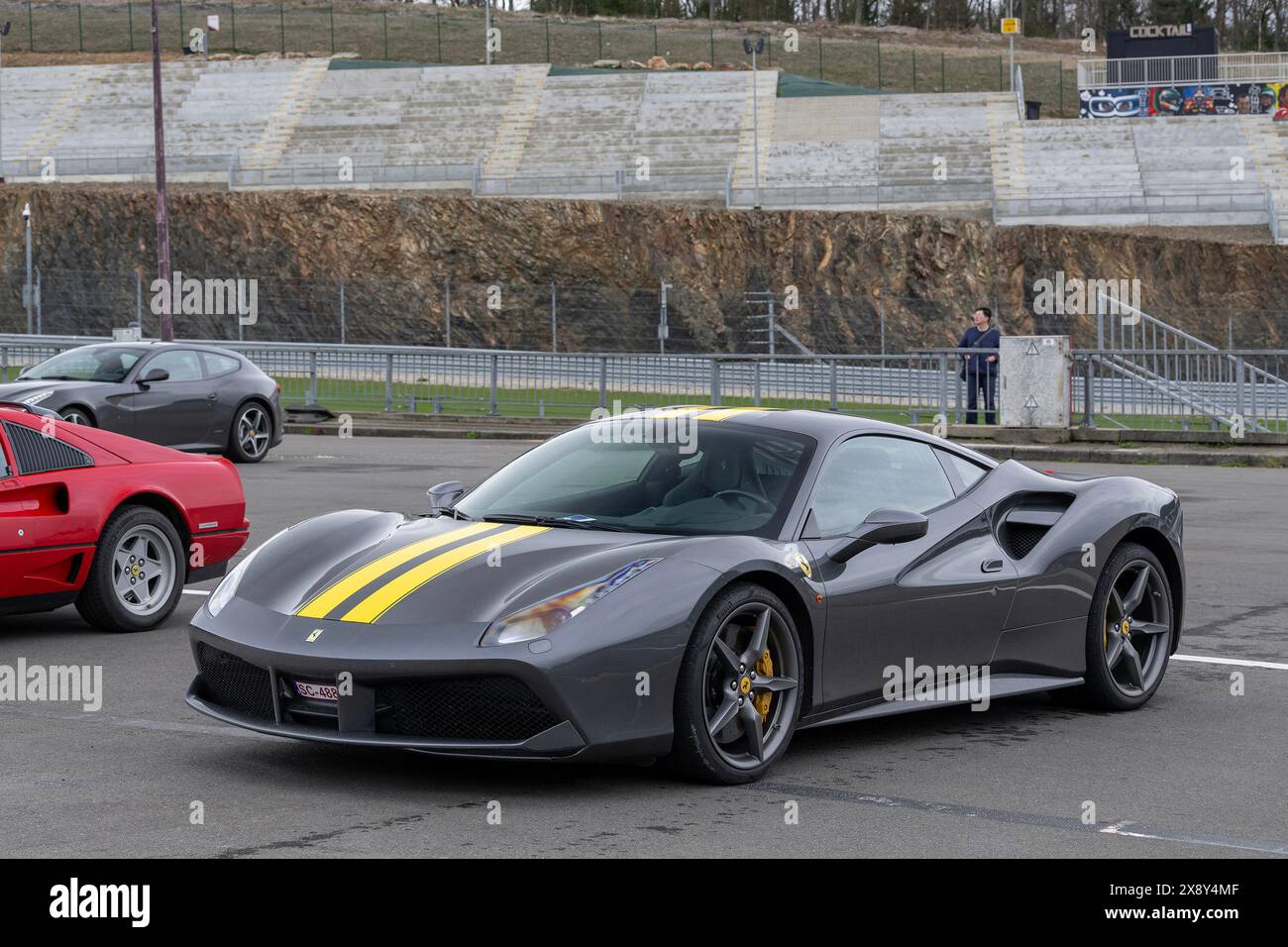 Spa-Francorchamps, Belgium - View on a grey Ferrari 488 GTB parked on a ...