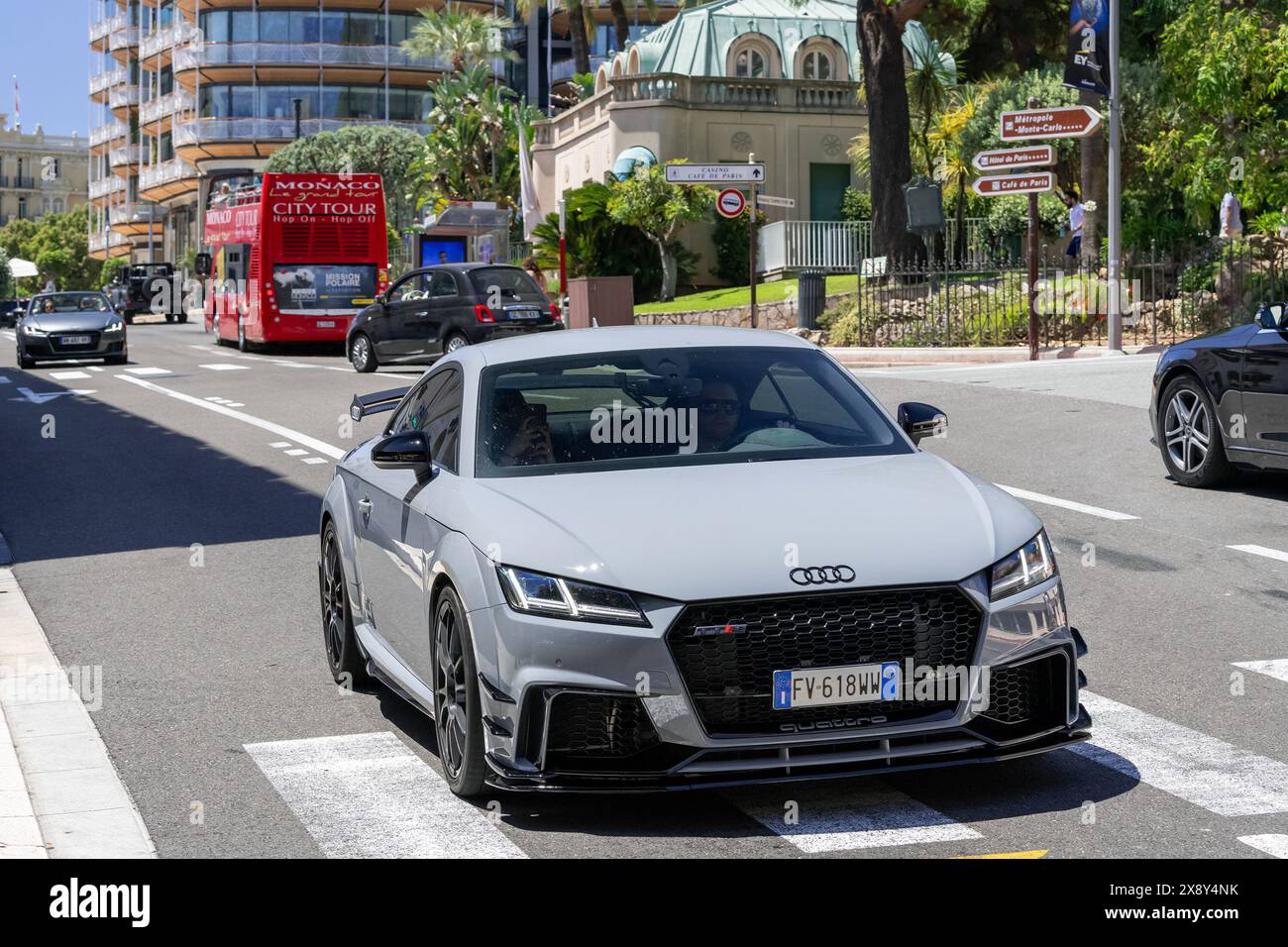 Monte Carlo, Monaco - View on a Nardo Grey Audi TT RS driving on a ...