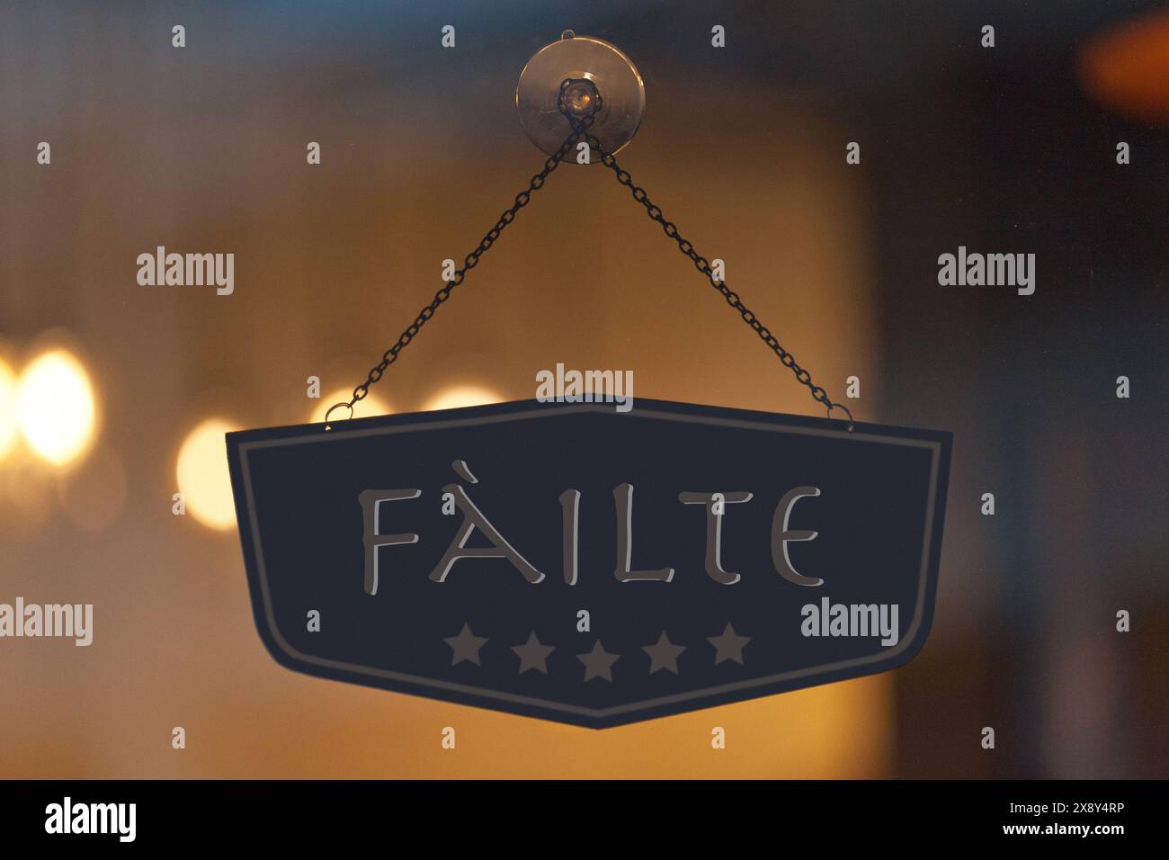 Sign in a window with written in Gaelic “Fàilte”, meaning “Welcome ...
