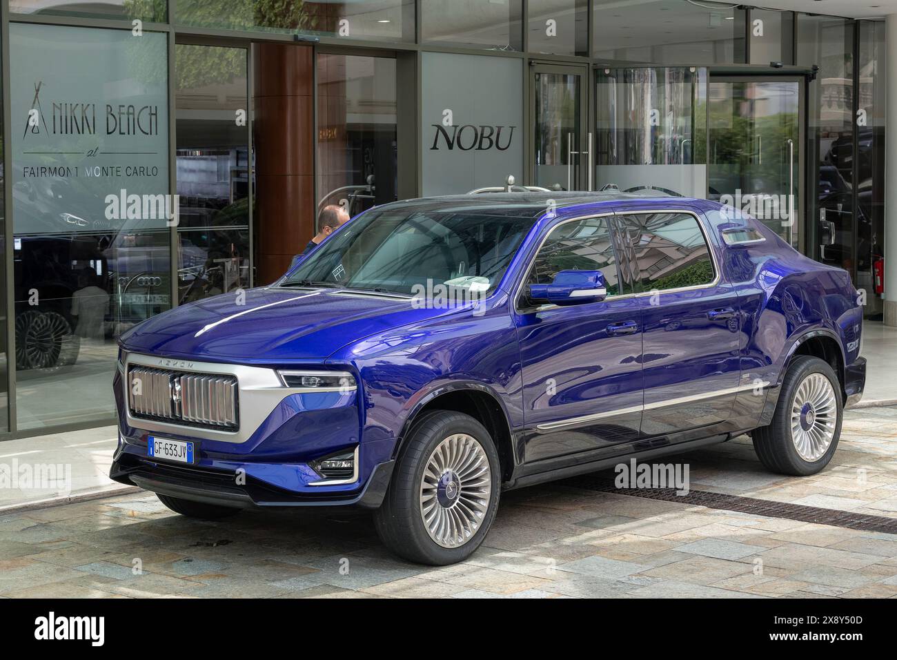 Monte Carlo, Monaco - View on a blue Aznom Palladium parked in front of ...