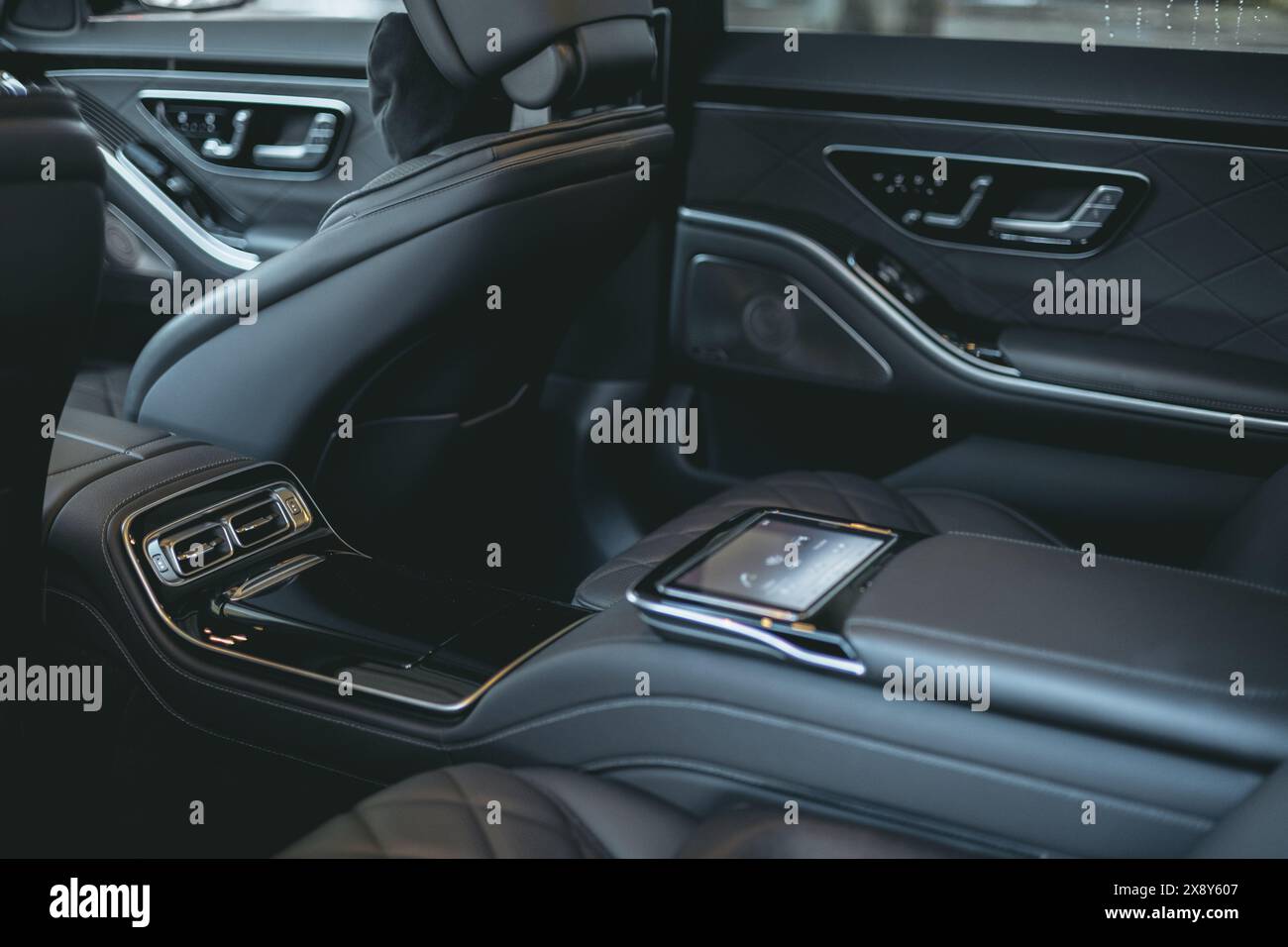 Beautiful dark grey colored interior of a luxurious car from natural ...