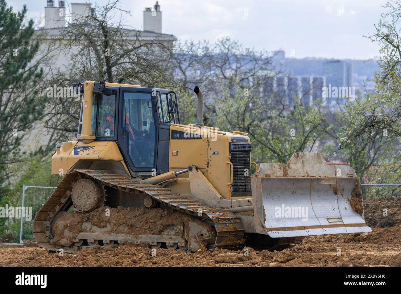 Saint-Max, France - Yellow bulldozer CAT D6N LGP for earthworks on a ...