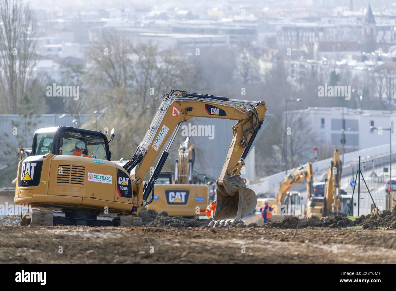 Saint-Max, France - View of CAT tracked excavators on a construction ...