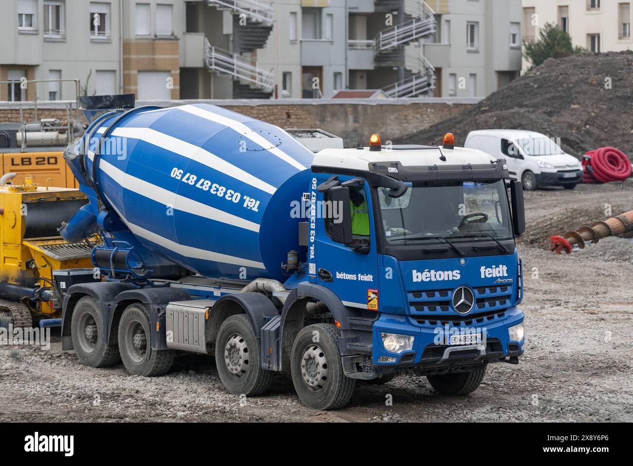 Nancy, France - Blue truck mixer Mercedes-Benz Arocs delivering ...