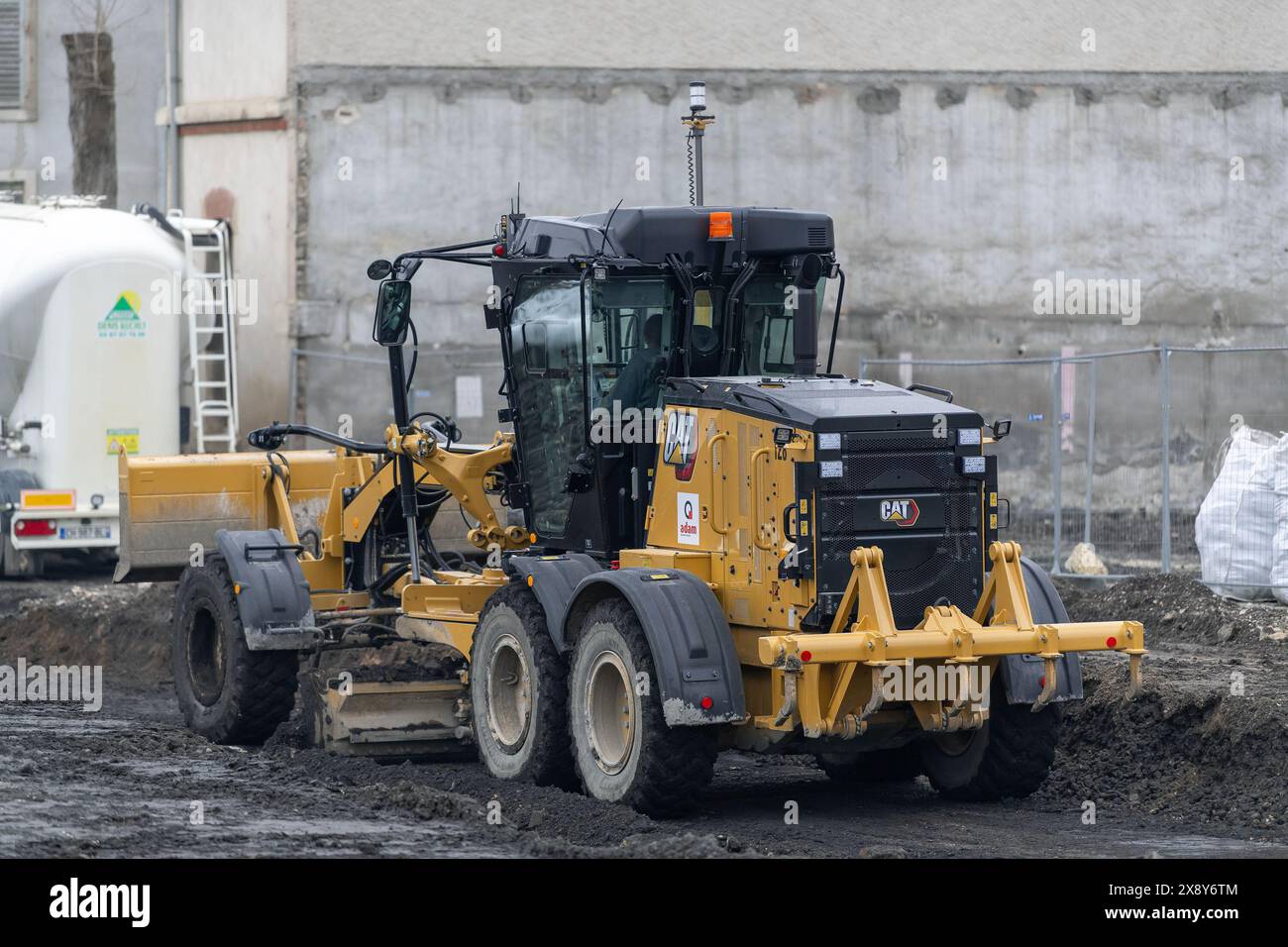 Nancy, France - Yellow motor grader CAT 120 for earthworks on a ...