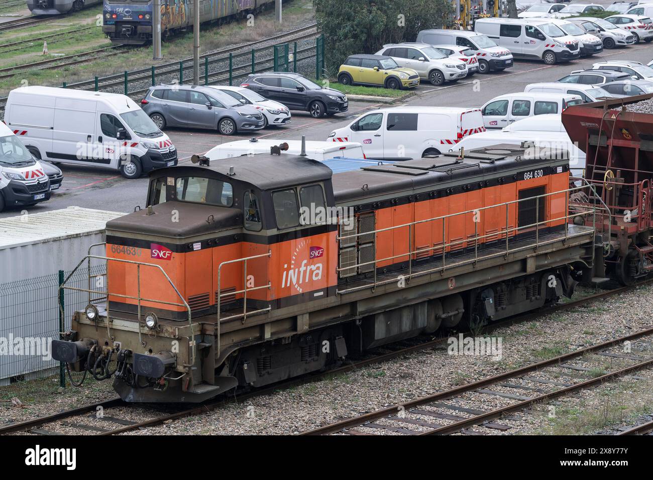 Nancy, France - March 12th 2024 : Orange diesel locomotive SNCF Class BB 64600 at the railway ...