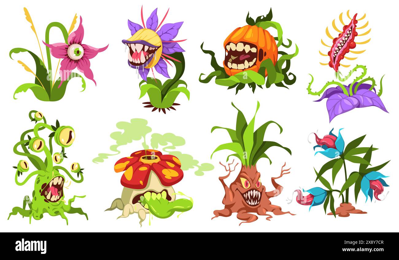 Cartoon monster plants. Carnivore fantastic flora with teeth, eyes ...