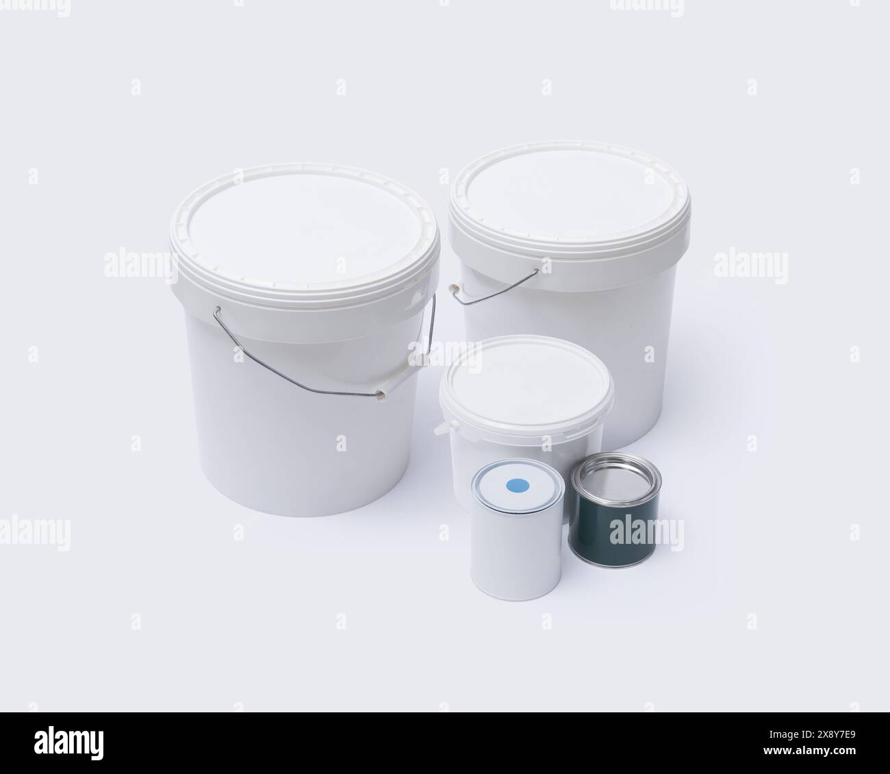 Set of paint buckets and varnish tins, professional painting and ...