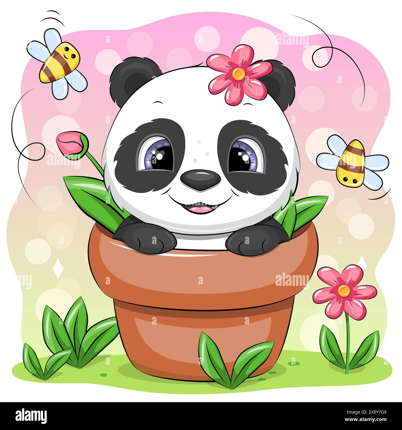 Cute cartoon panda in a flower pot with bees and flowers. Vector ...