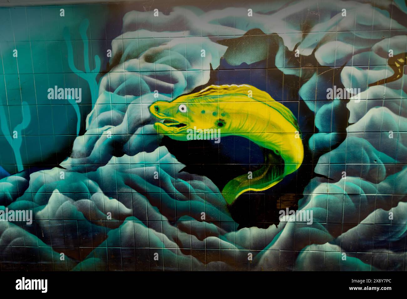 Mural of conger eel in Hibiscus walk underpass in Porthcawl UK Stock ...