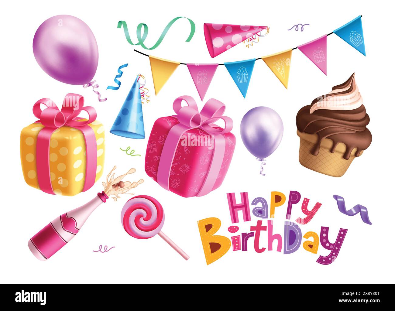 Birthday elements vector set design. Birthday gifts, party hat ...