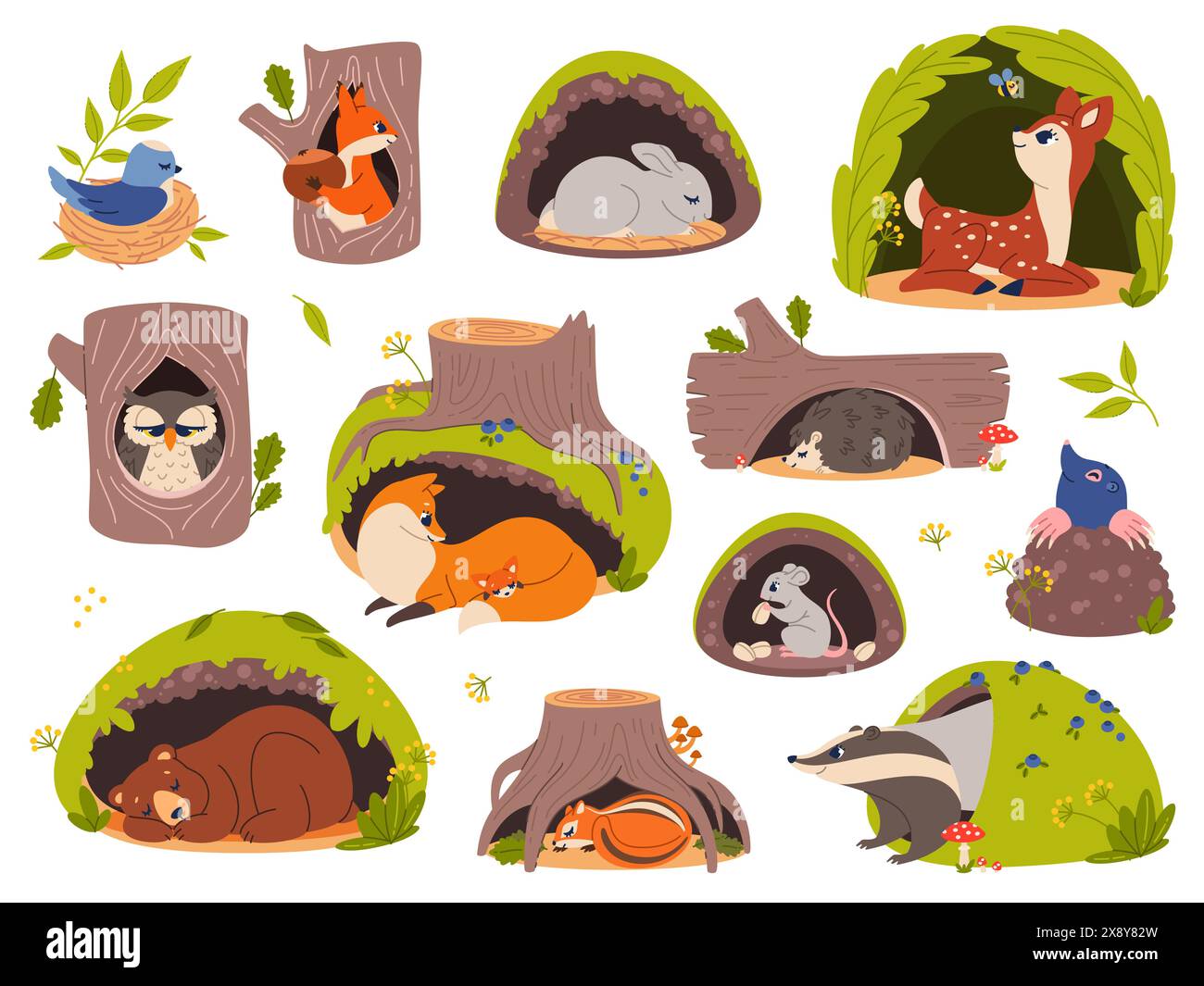 Animals in holes and burrows. Cartoon forest creatures inside hollows ...