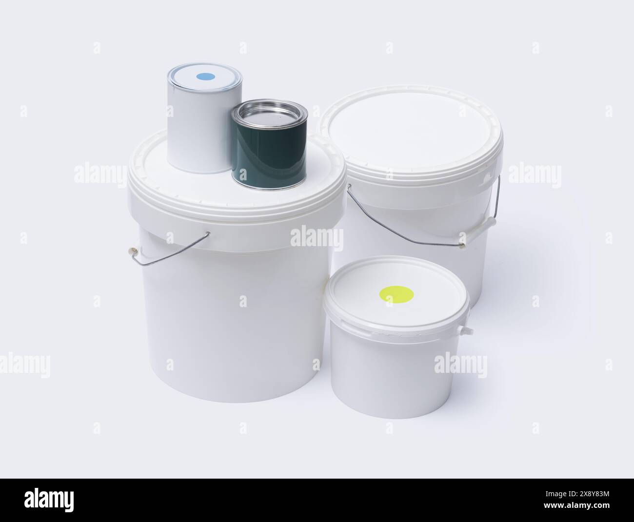 Set of paint buckets and varnish tins, professional painting and ...