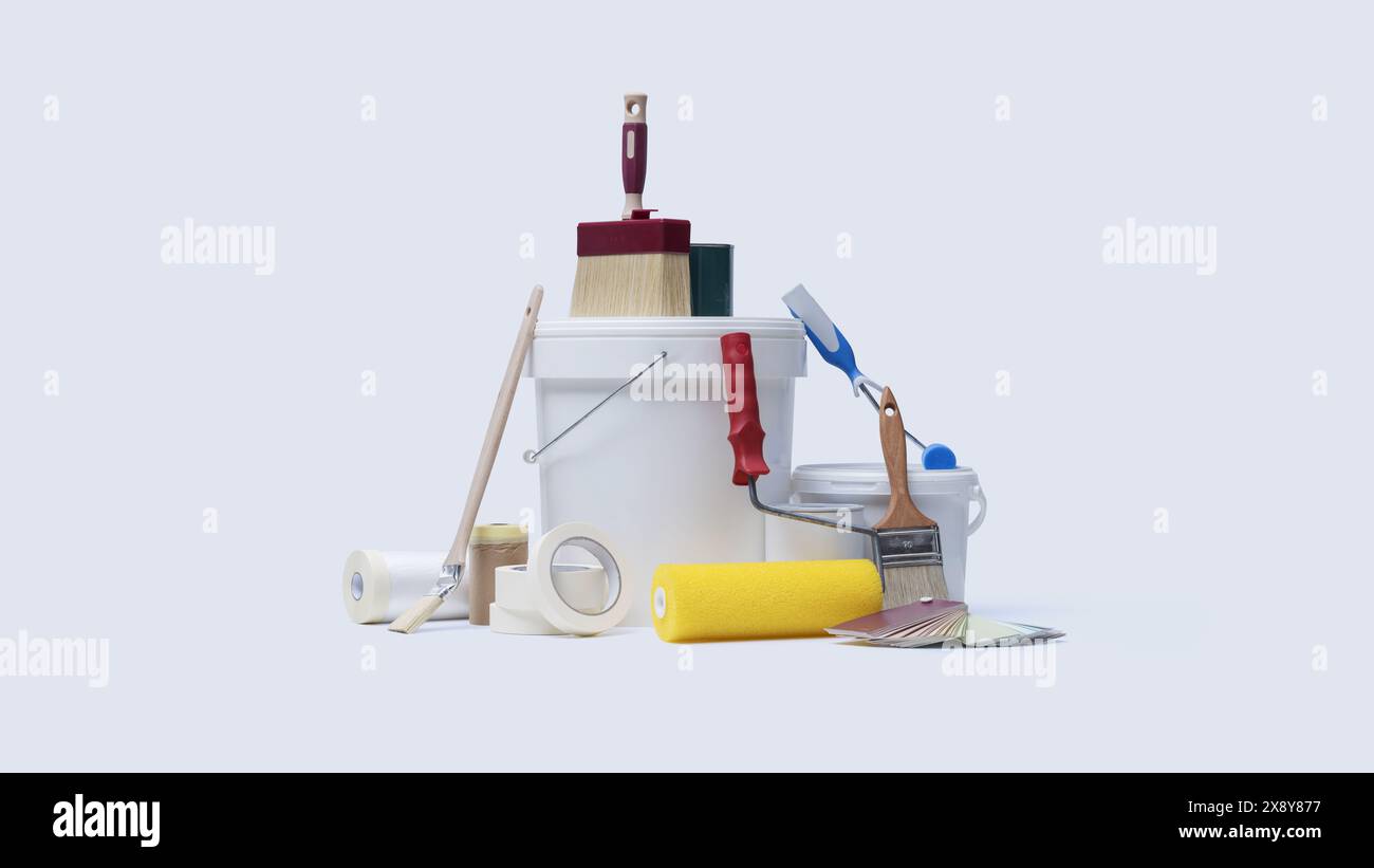 Set of professional painting tools and paint buckets, isolated on white ...