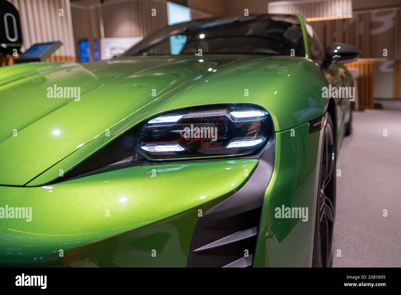 new green Porsche Taycan Turbo S Sport Turismo electric sports Car ...