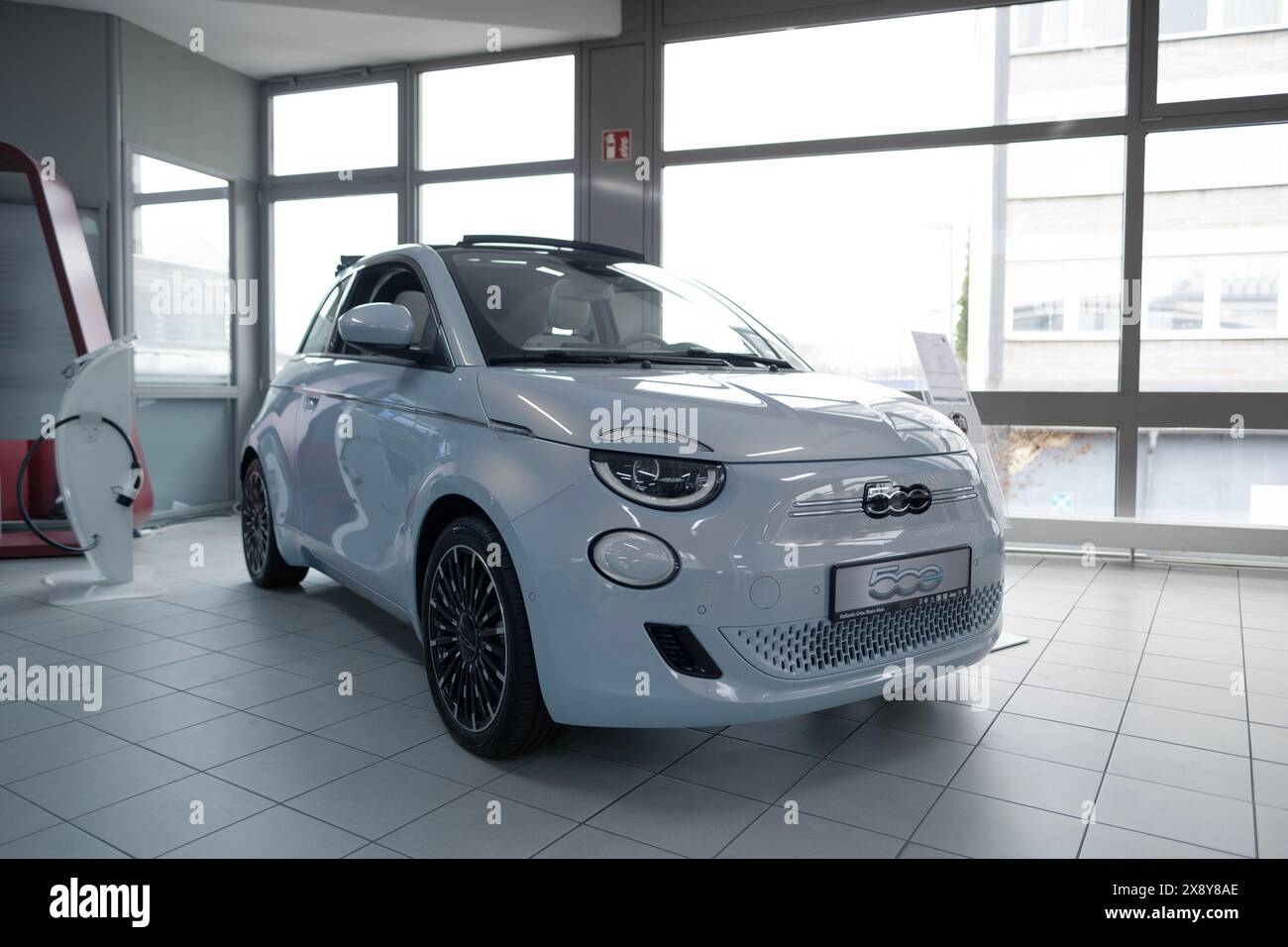 Electric new light blue Fiat 500 E classic Cabrio car, automotive ...