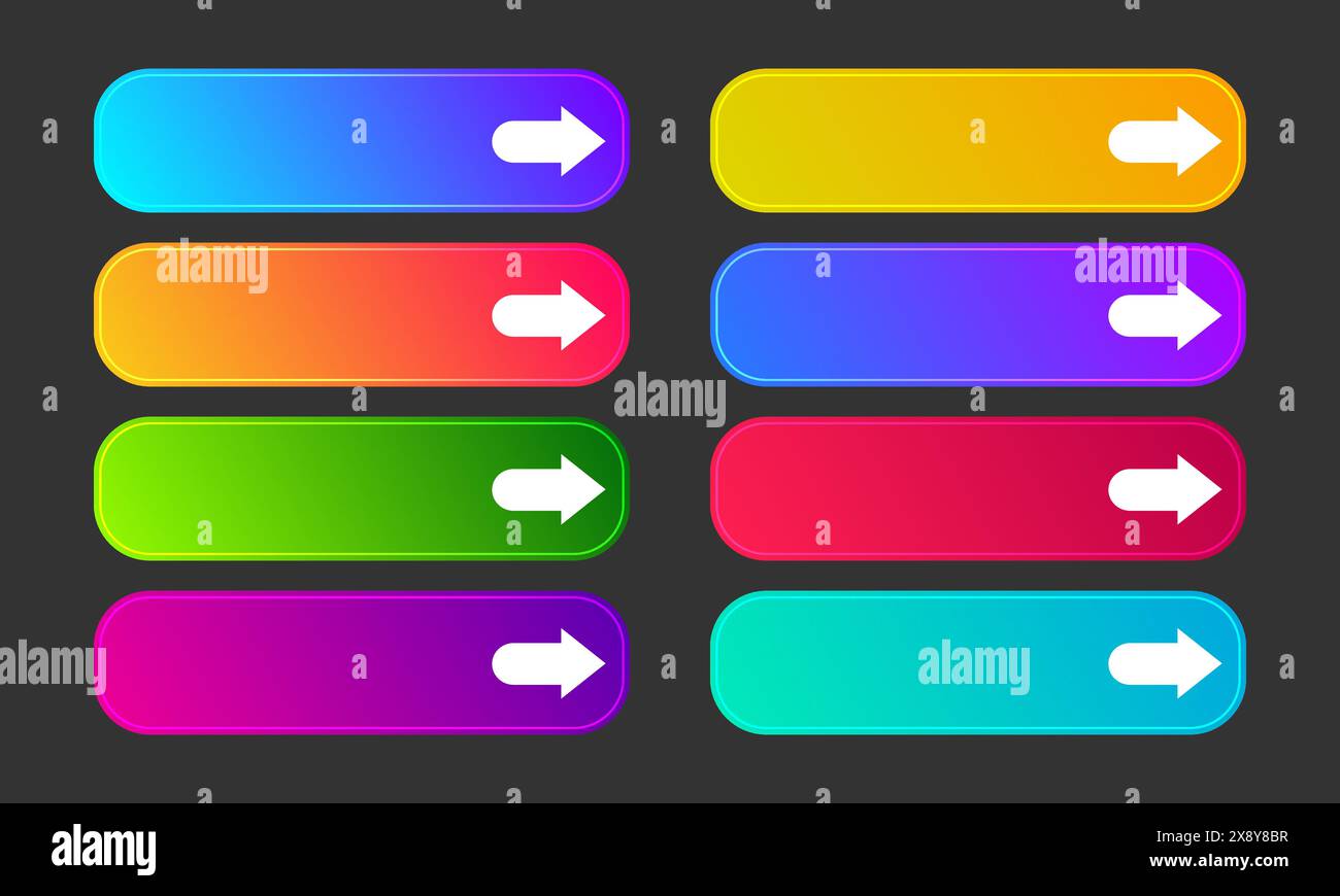 Colorful gradient buttons with arrows. Set of eight modern abstract web buttons. Vector ...