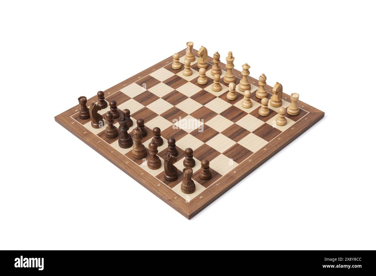 Wooden chessboard with chess pieces ready for the game isolated on ...