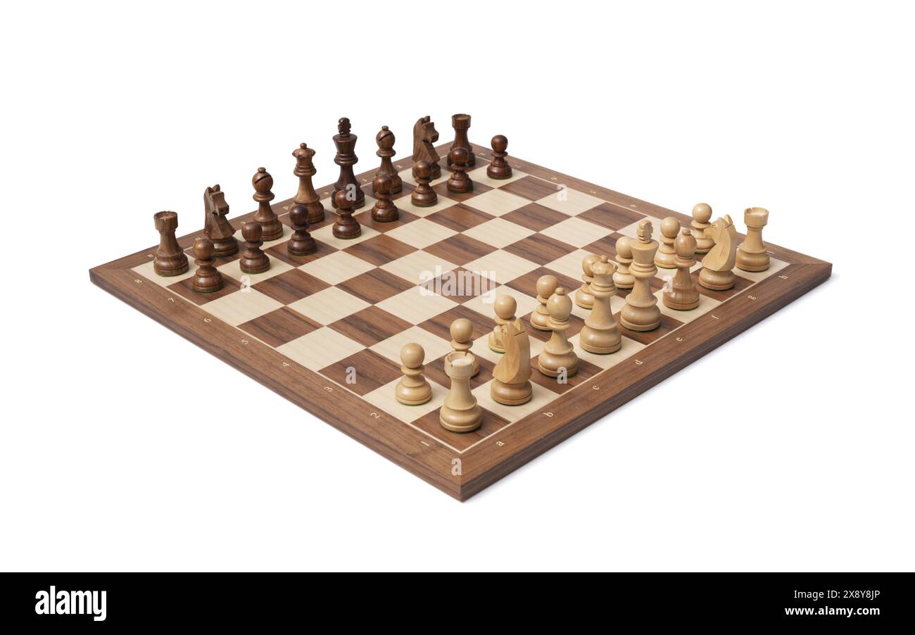 Wooden chessboard with chess pieces ready for the game isolated on ...