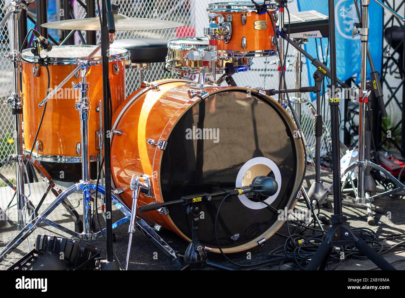 Belarus, Minsk - 05 may 2024: A drum kit with a central drum ...