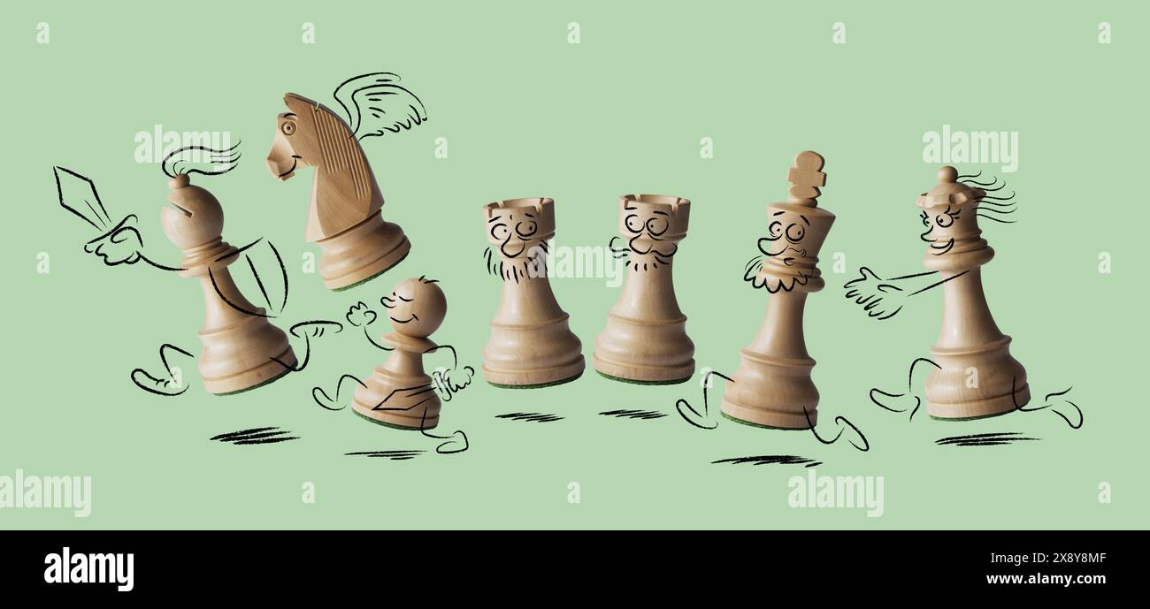 Funny cartoon chess pieces running together, games and humor concept ...