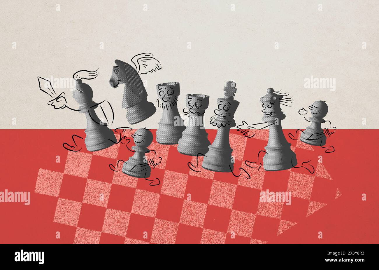 Funny cartoon chess pieces running on the chessboard, vintage style ...