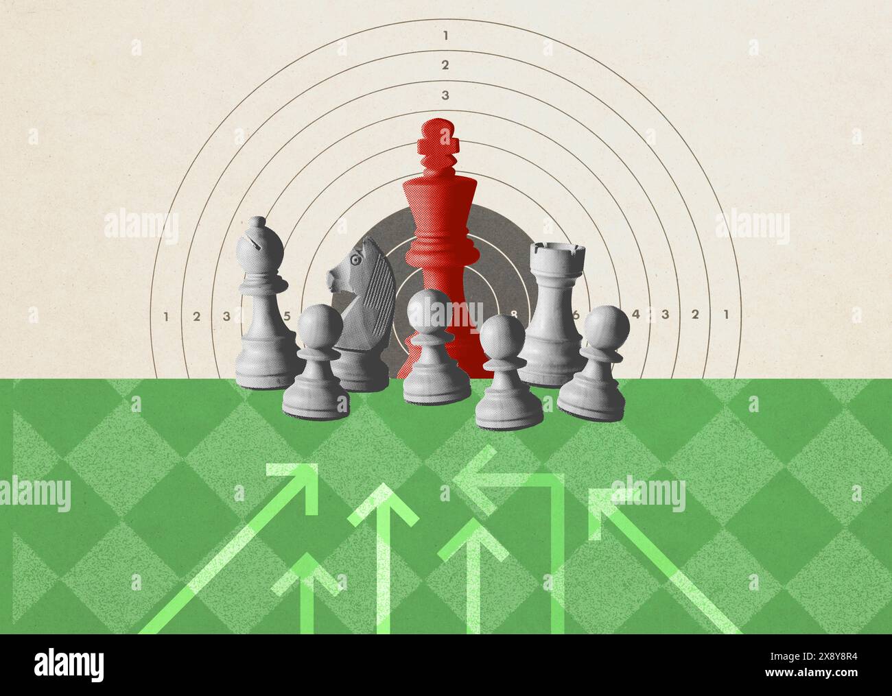 Chess pieces protecting the king and target in the background, vintage ...