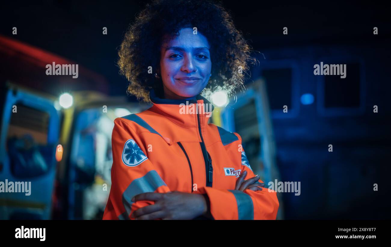 Medium Shot Portrait: Multiethnic On-site Paramedic Crossing Hands and ...