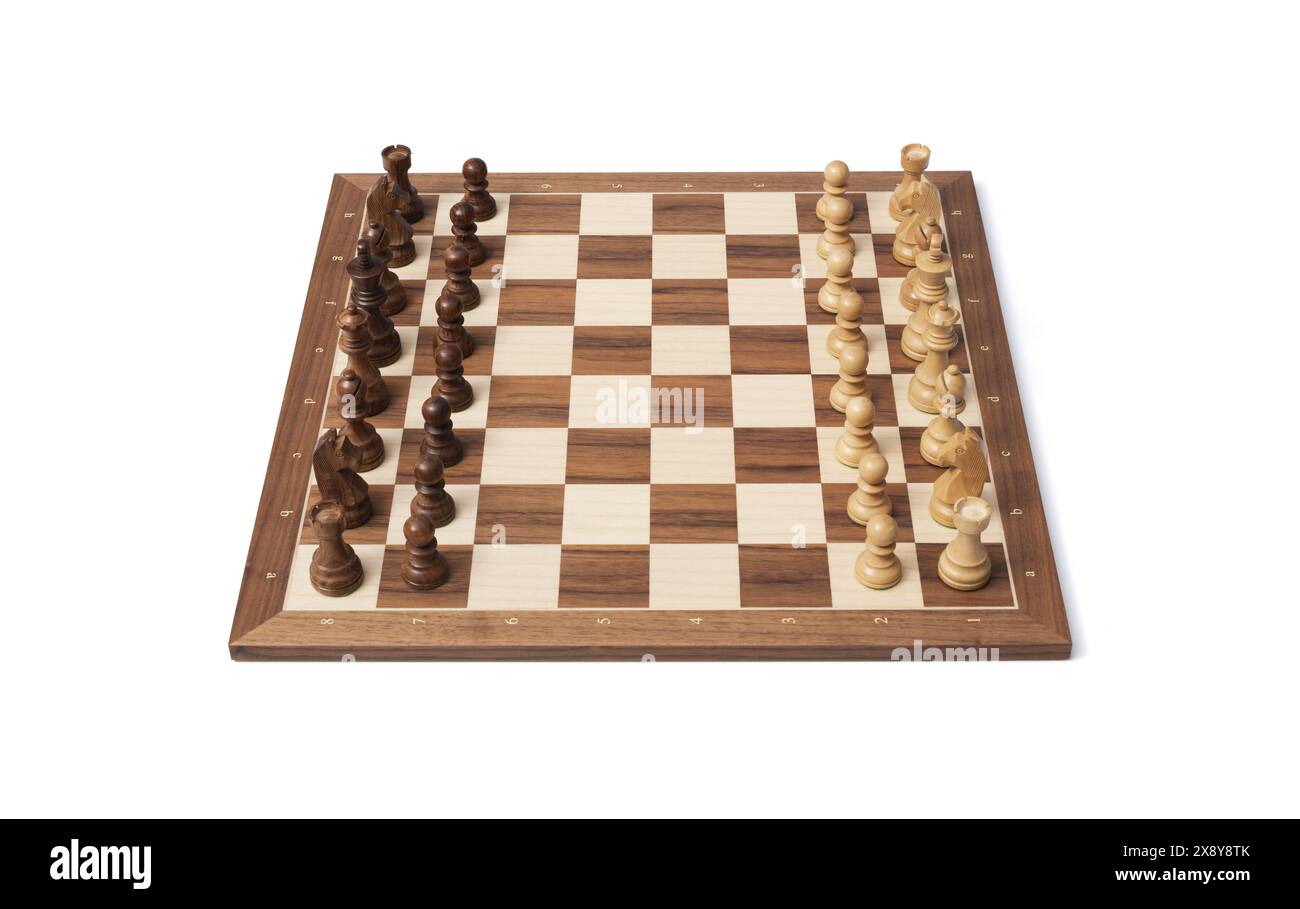 Set of wooden chessboard with chess pieces ready for the game isolated ...