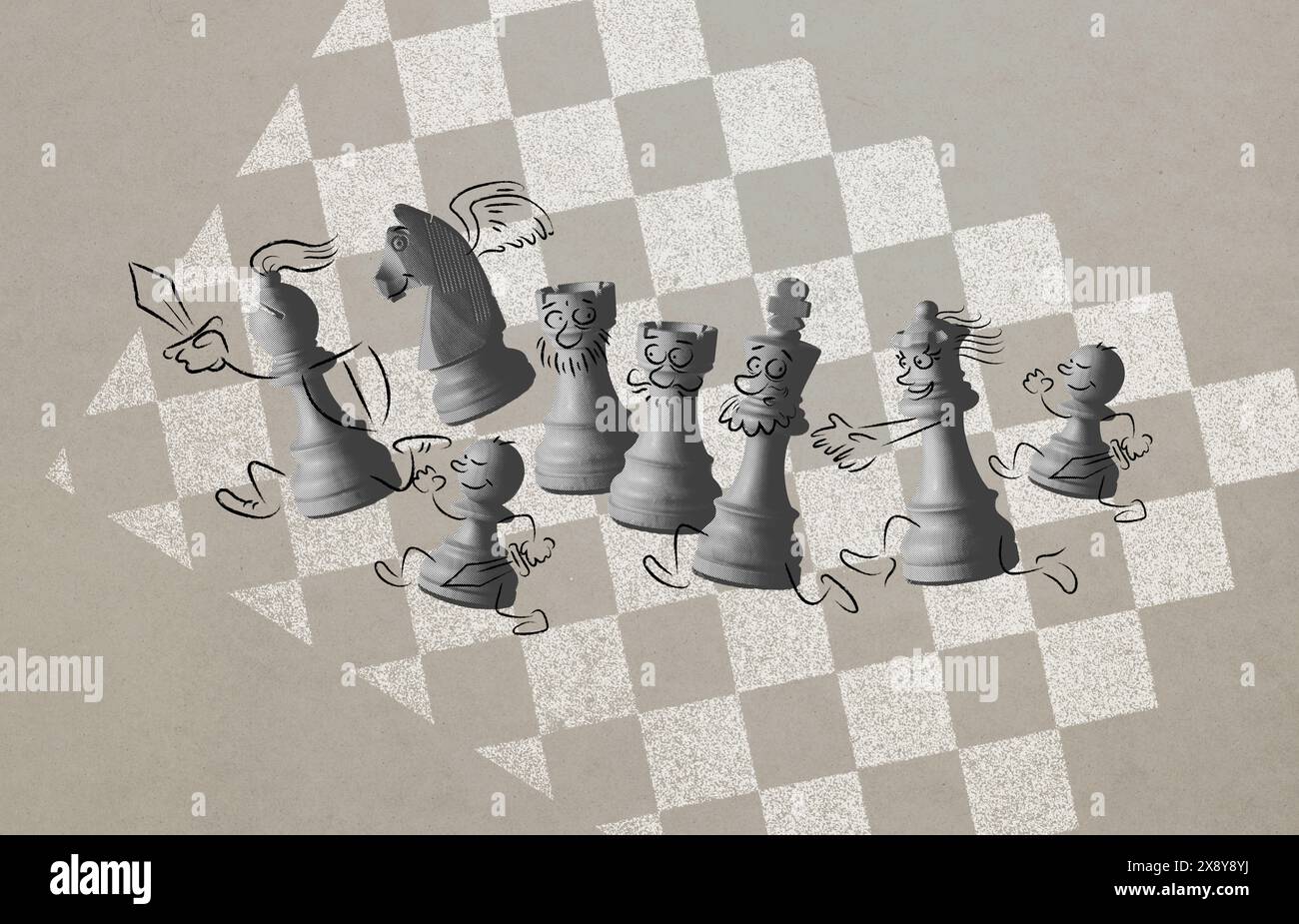 Funny cartoon chess pieces running on the chessboard, vintage style ...