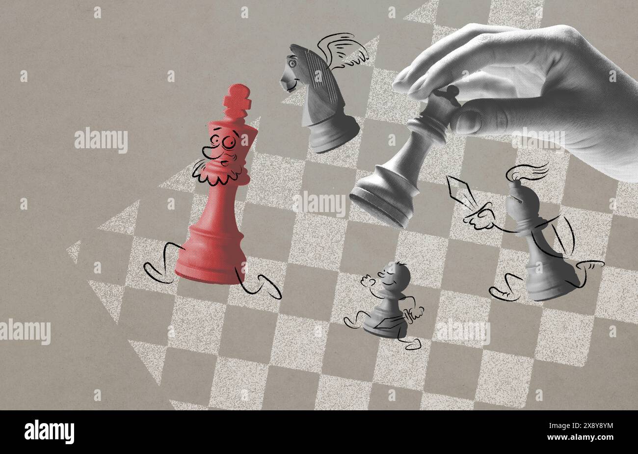 Funny cartoon chess pieces on the chessboard and player's hand ...