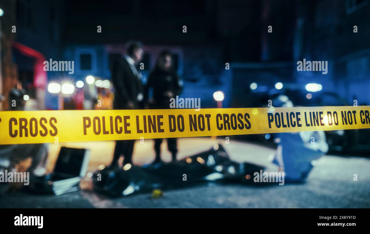 Close Up on Crime Scene Yellow Tape Showing Text Police Line Do Not ...