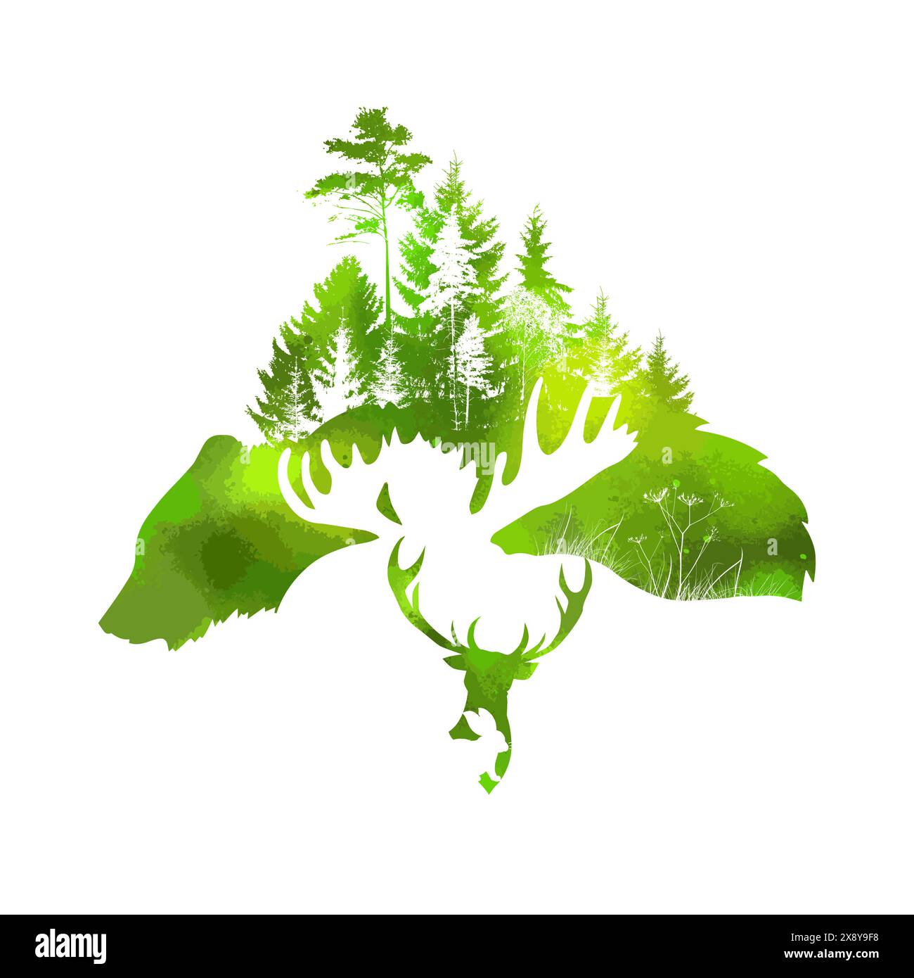 Silhouettes of green animals symbol of the forest. hand drawing. Not AI ...