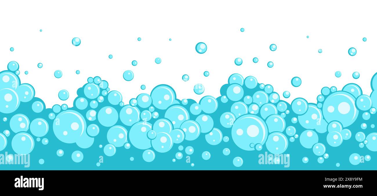 Blue bath foam seamless border. Soap bubbles frame, effervescent suds ...