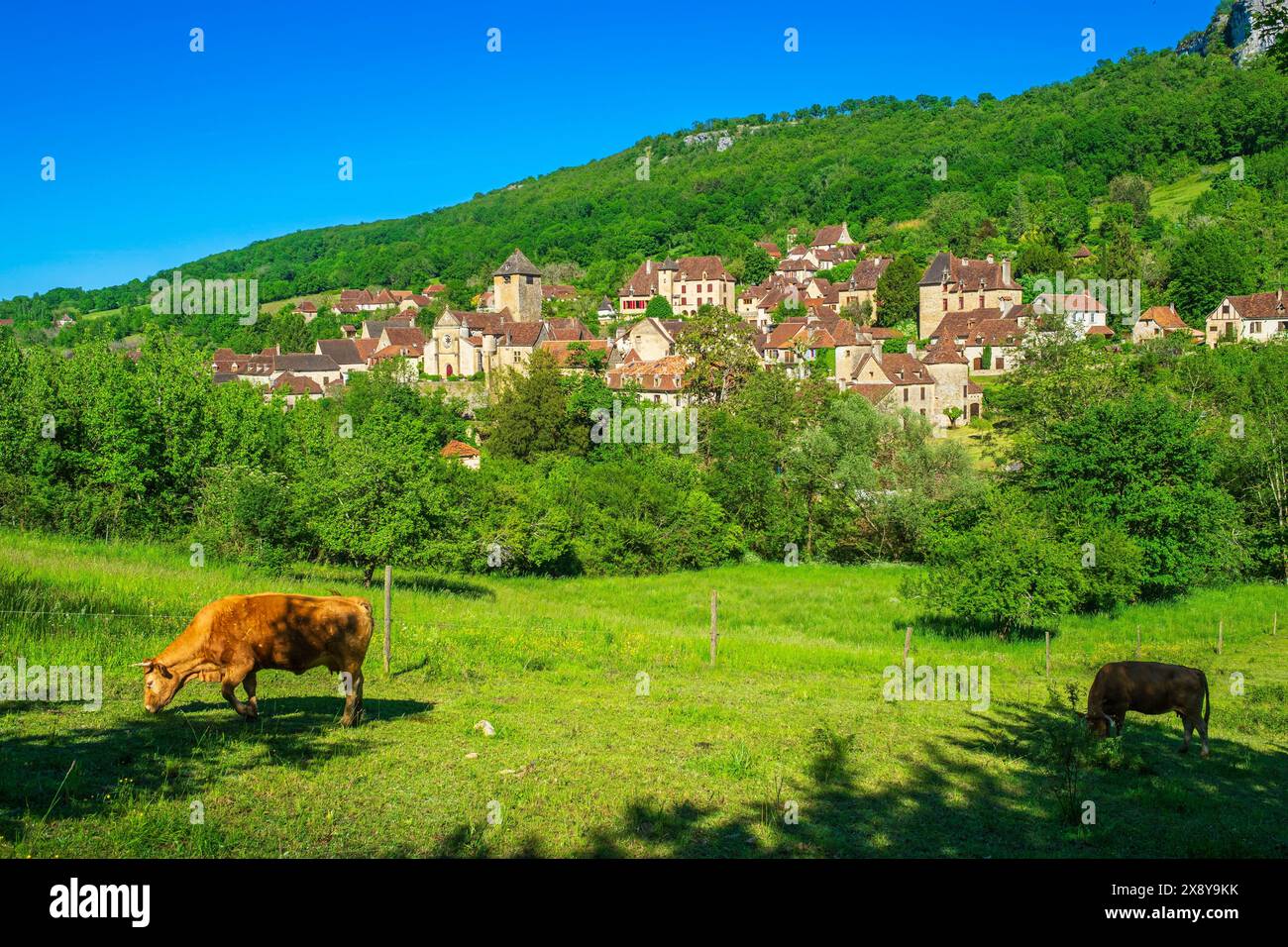 France, Lot, Dordogne Valley, Autoire, medieval village labeled Les ...