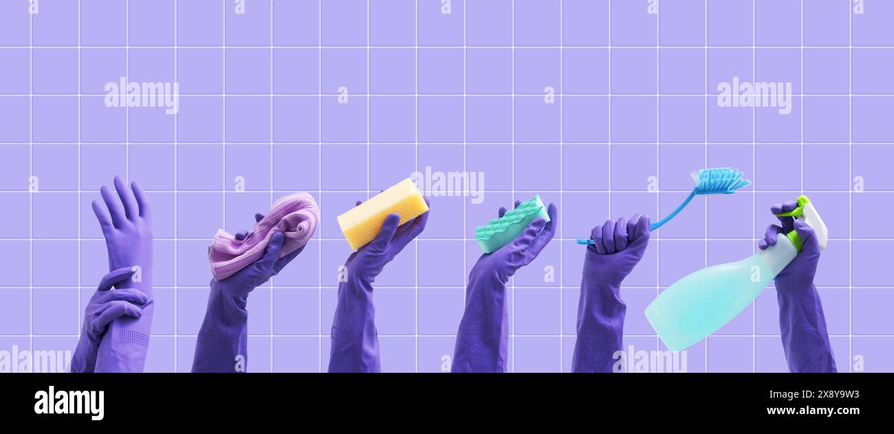 Collection of female hands wearing protective rubber gloves and holding ...