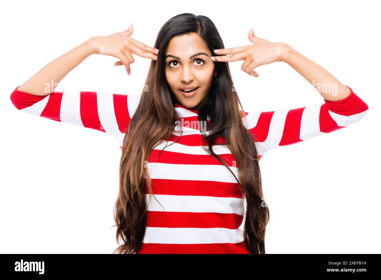 Woman, head and finger gun with joke or funny with silly gesture in ...