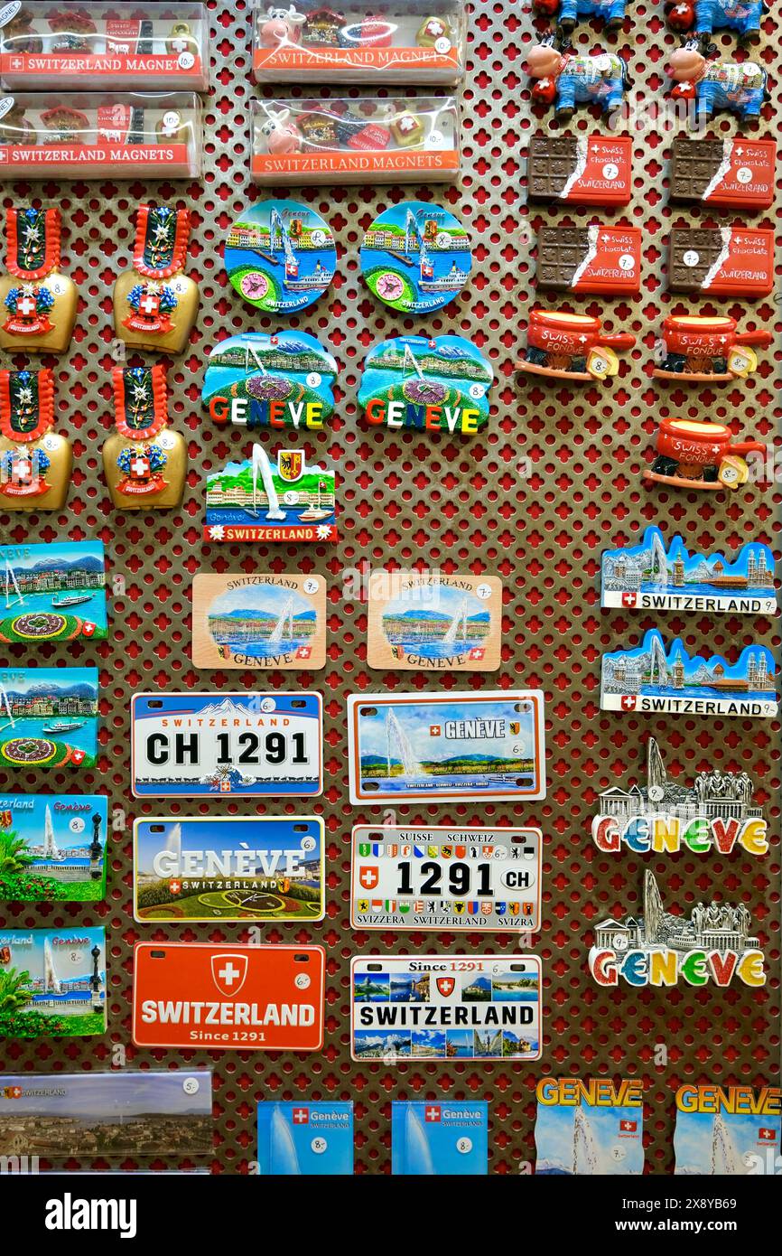 Switzerland, Canton of Geneva, Geneva, magnets in a souvenir shop Stock ...