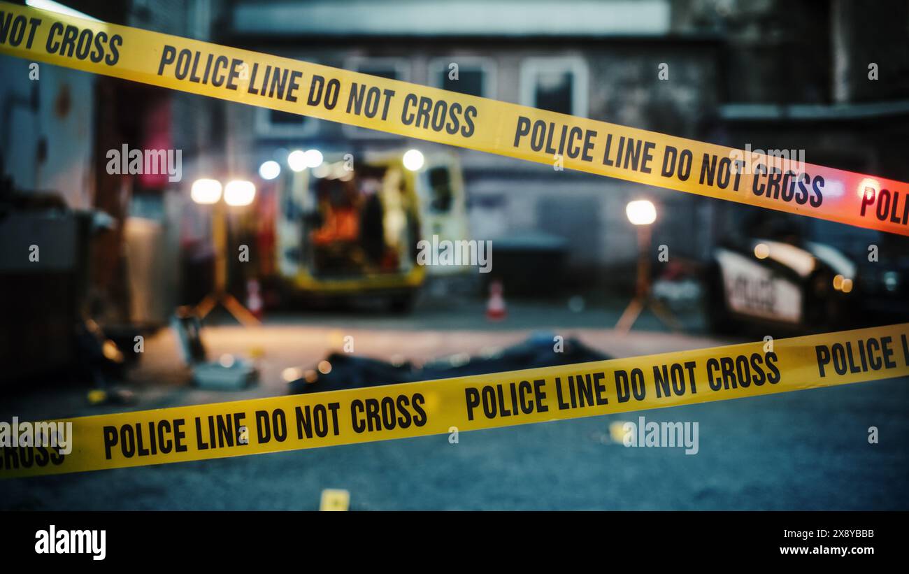 Night Establishing Shot: Empty Crime Scene in Back Alley. Covered ...