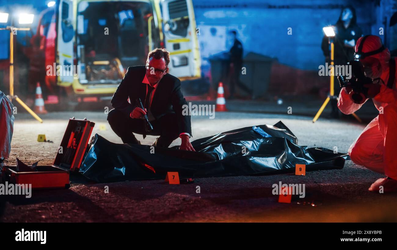 Crime Scene at Night Lit up by Siren Emergency Lights: Professional ...