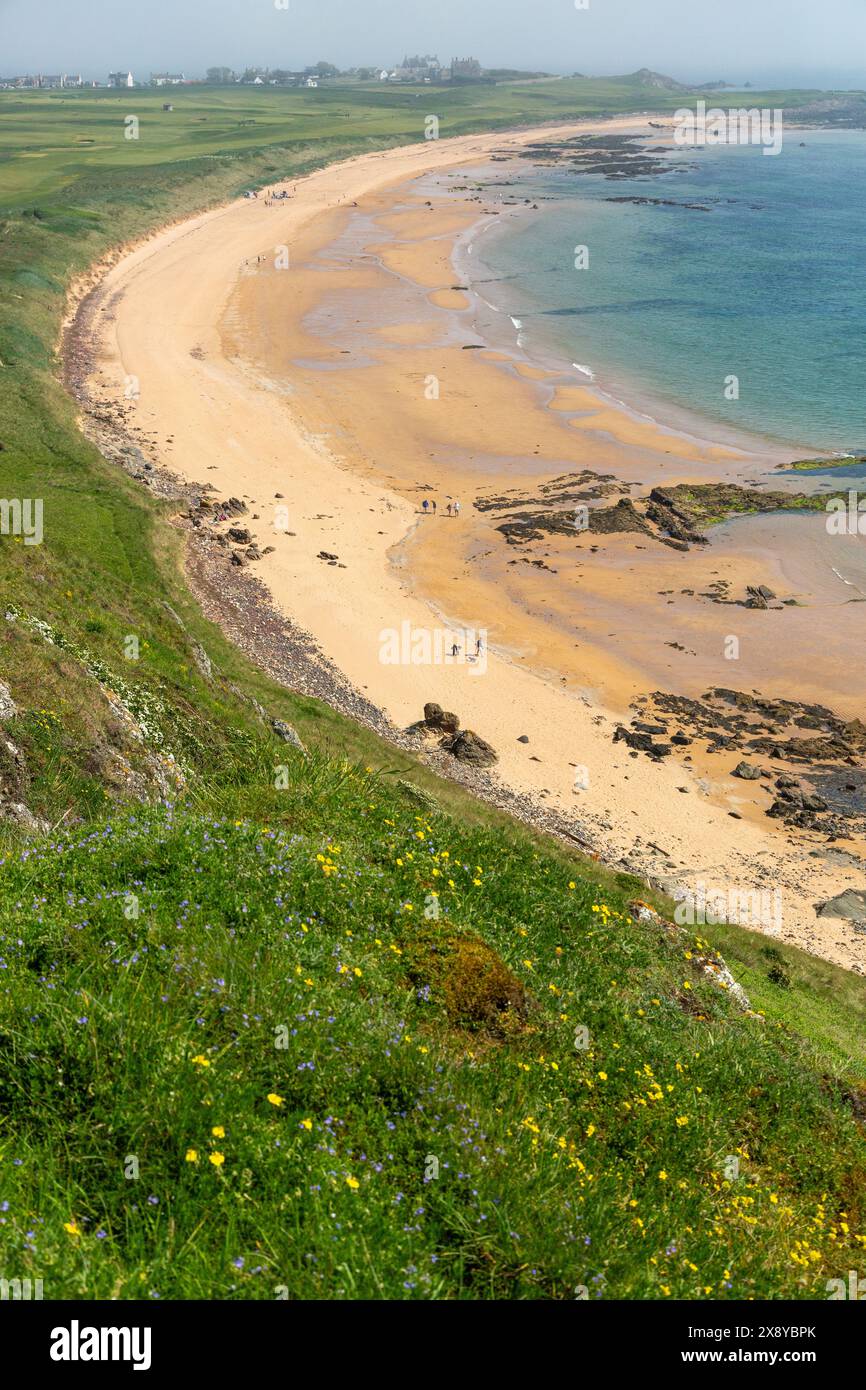 Looking down to a sandy beach from the Fife Coastal path which goes ...