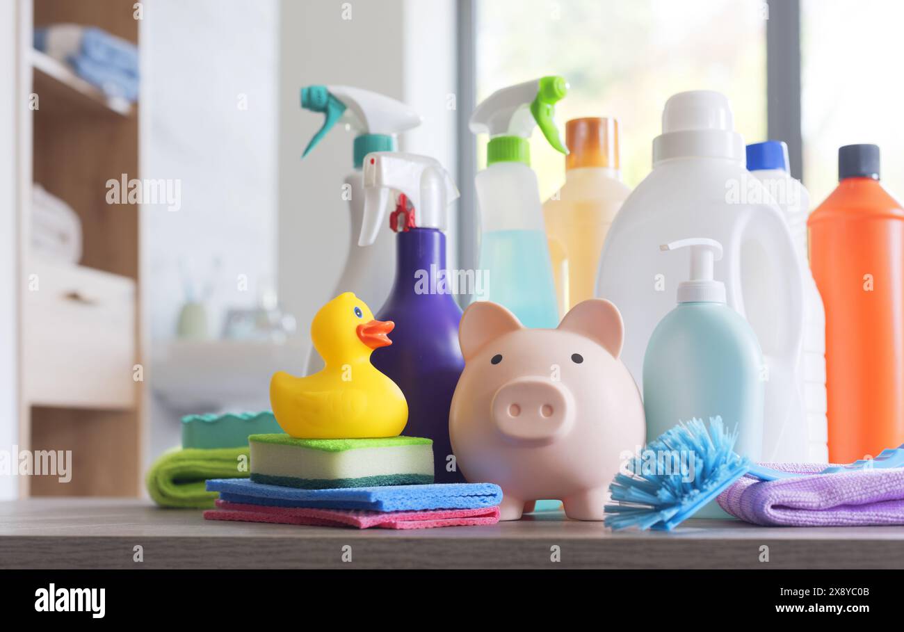 Assorted detergents, cleaning products and piggy bank in the bathroom ...